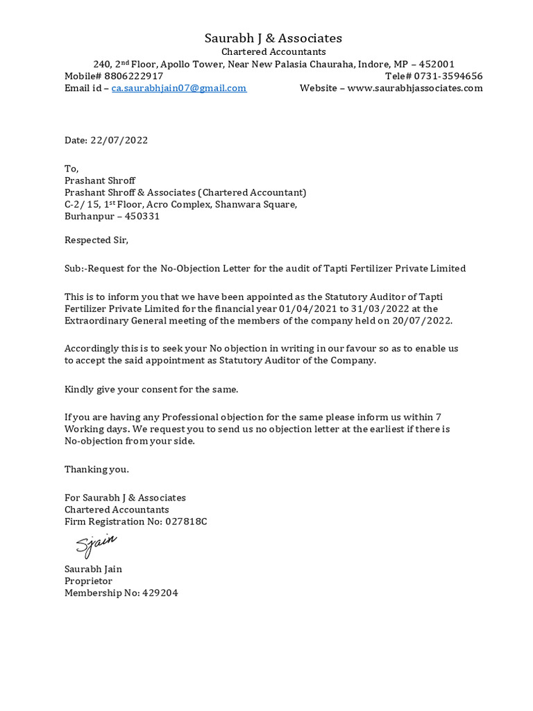 No-Objection Request for Tapti Fertilizers | PDF | Career & Growth ...
