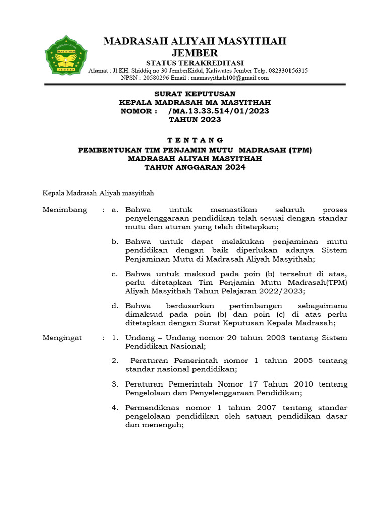 Pembentukan Tim Penjamin Mutu MA Masyithah | PDF | Karier & Perkembangan