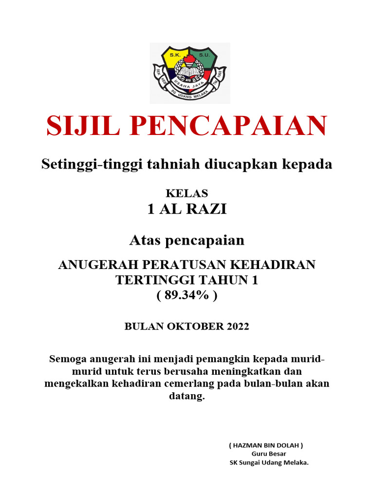 Sijil Pencapaian Kehadiran Tertinggi Kelas | PDF