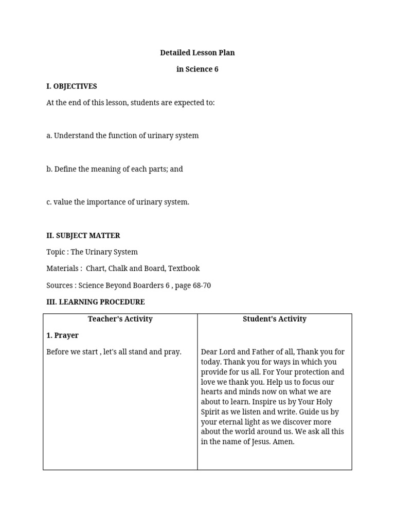 Urinary System Lesson Plan for Grade 6 | PDF | Urinary System | Urine