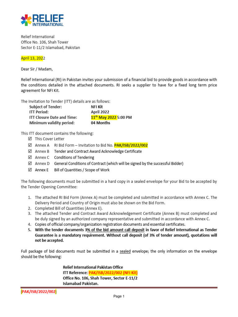 Job - Tender Invitation Bid Response NFI Kits | PDF | Indemnity ...