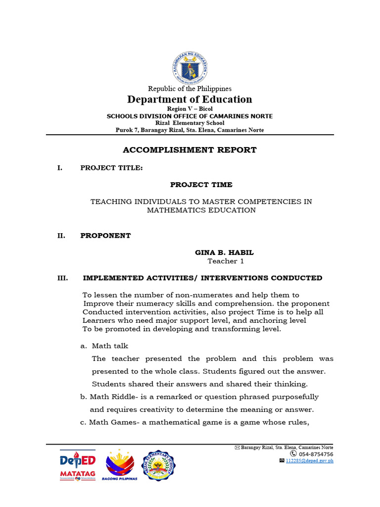 Numeracy Program Accomplishment Report | PDF | Learning | Cognition