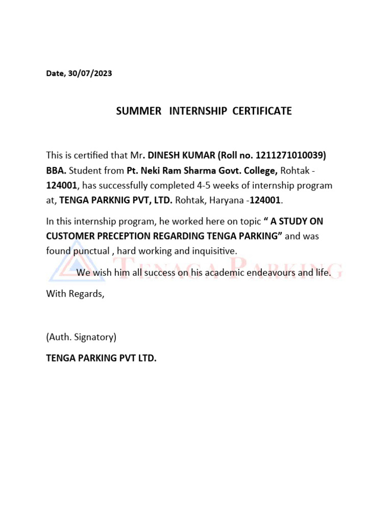 Internship Completion for BBA Student | PDF