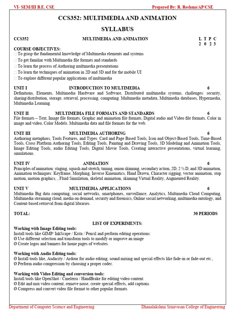 Ccs352-Maa - Syllabus | PDF | Multimedia | 3 D Computer Graphics