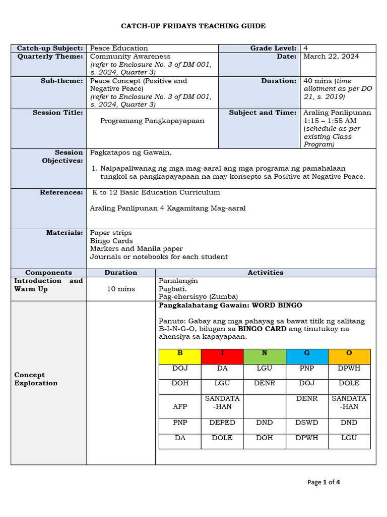Catch-Up Friday - Peace Education-Grade 4 | PDF