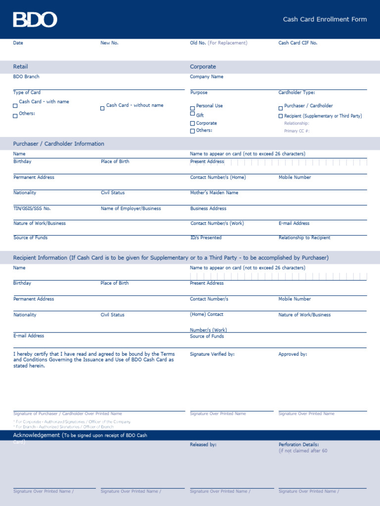 Cashcard Enrollment Form | PDF | Automated Teller Machine | Personal ...