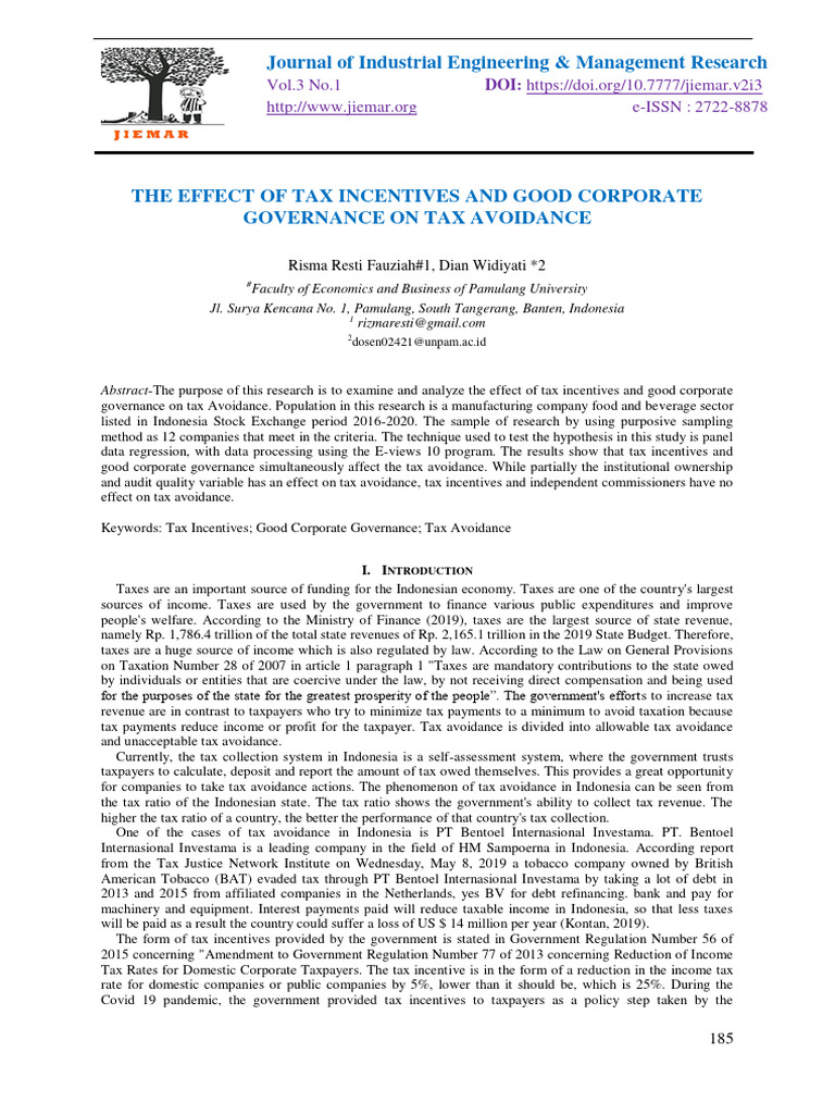 The Effect of Tax Incentives and Good Corporate Governance On Tax ...
