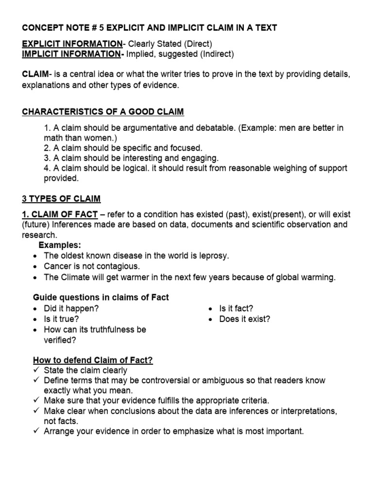Concept Note 5 Explicit and Implicit Claim in A Text | PDF | Evidence ...