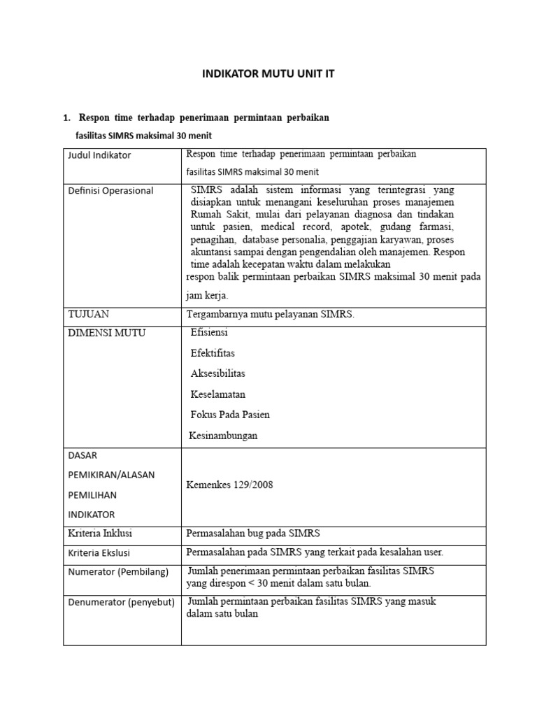 Indikator Mutu Unit IT | PDF