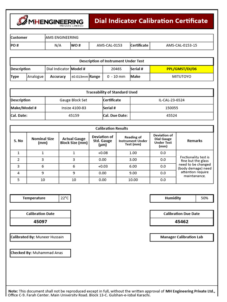 AMS-CAL-0153-15 Dial Indicator | PDF | Calibration | Metrology