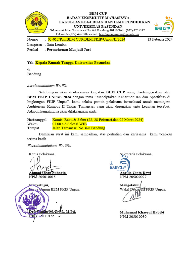 Surat Permohonan Juri Dan Wasit Beserta CV | PDF