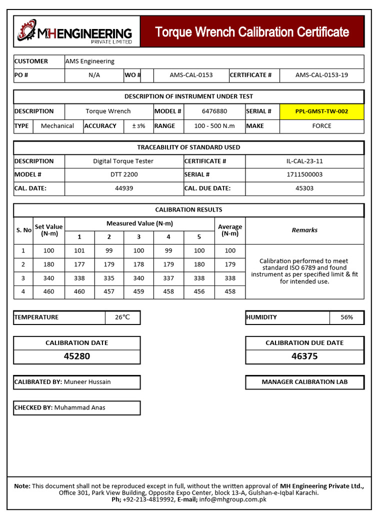 AMS-CAL-0153-19 TORQUE WRENCH (100-500) NM | PDF | Calibration | Probability And Statistics