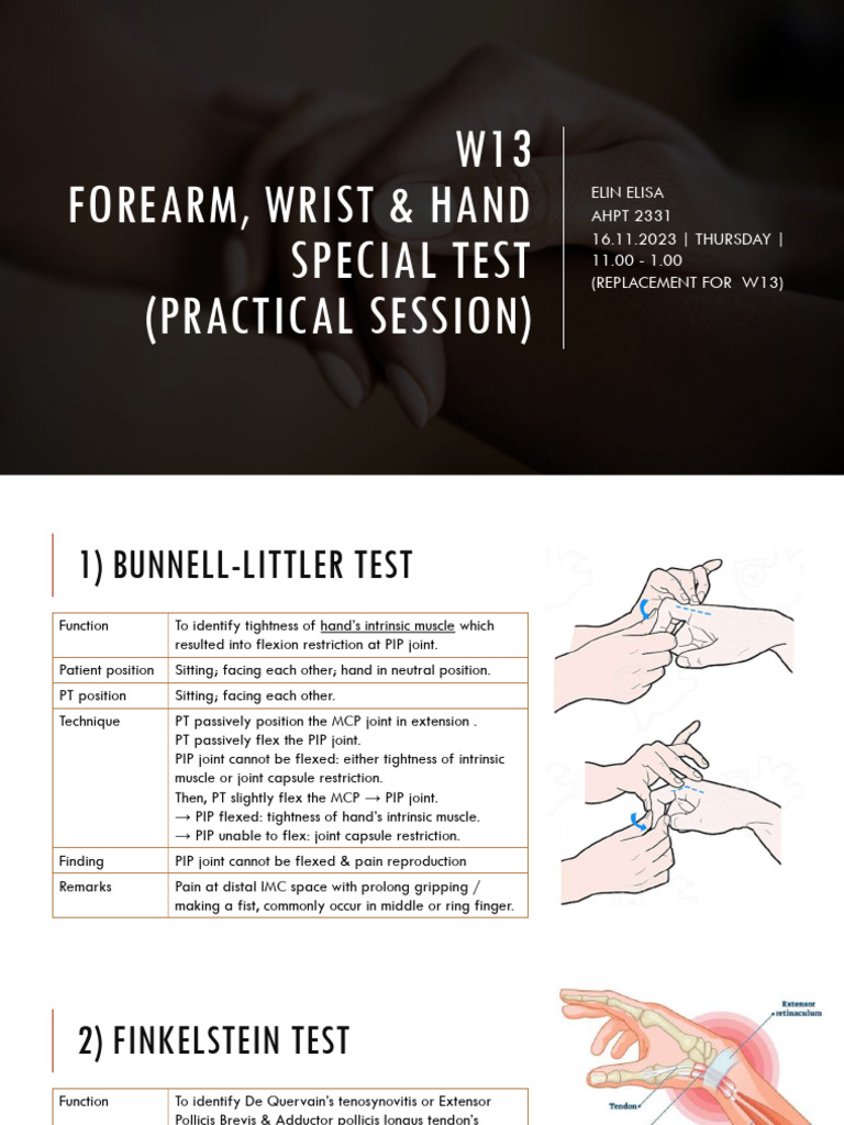 Forearm, Wrist & Hand Special Test | PDF | Hand | Thumb
