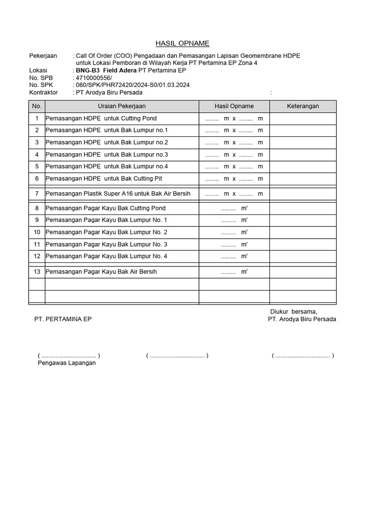Form Opname HDPE BNG-B3 (Kontrak Baru) | PDF