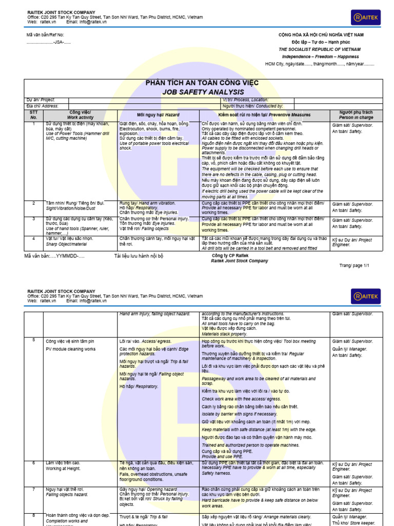 Raitek - JSA Job Safety Analysis (O&M) | PDF