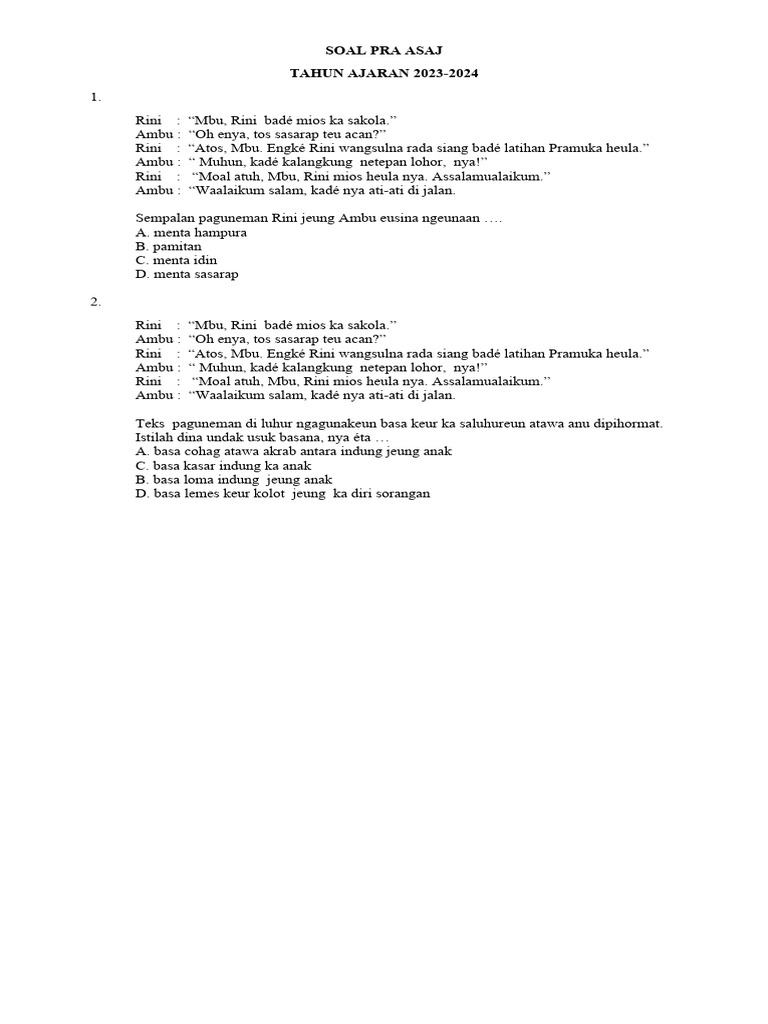 Soal Pra Asaj B Sunda 9 2324 73 | PDF