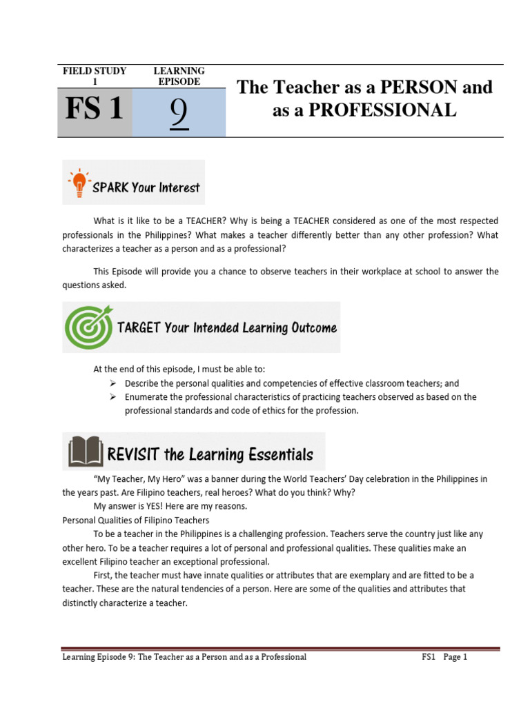 FIELD STUDY 1 E9 The Teacher As A PERSON and As A PROFESSIONAL | PDF ...