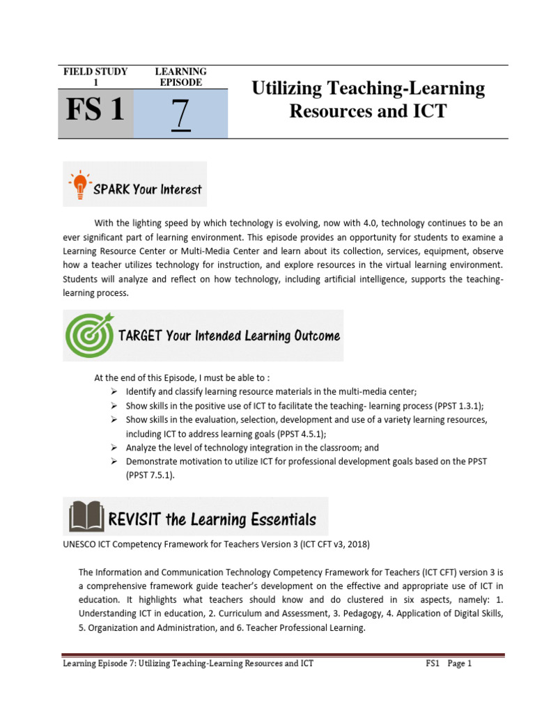 FIELD STUDY 1 E7 Utilizing Teaching Learning Resources and ICT | PDF | Educational Technology ...