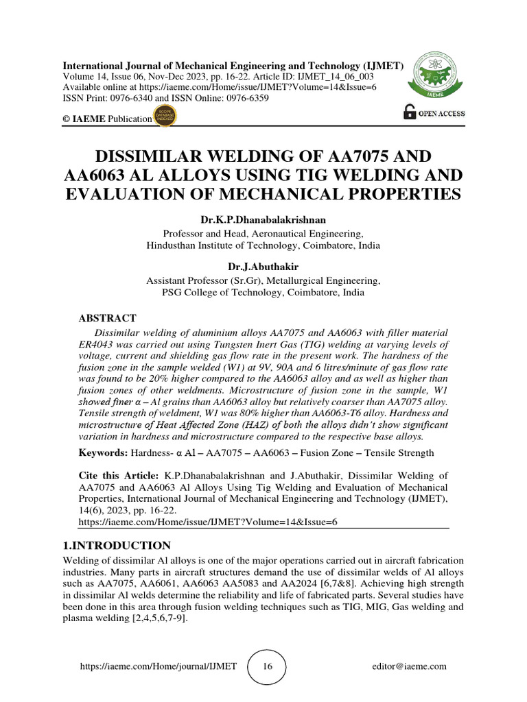 Dissimilar Welding of Aa7075 and Aa6063 | PDF | Welding | Construction