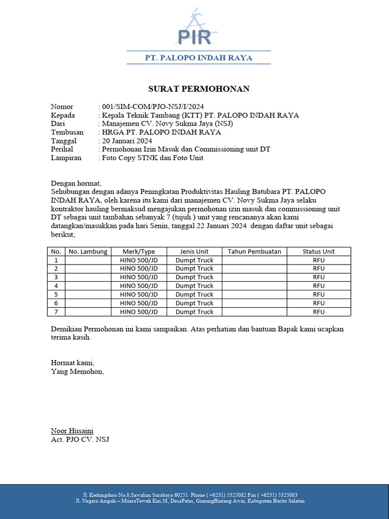 CONTOH Surat Permohonan Izin Masuk Dan Commissioning Unit DT | PDF
