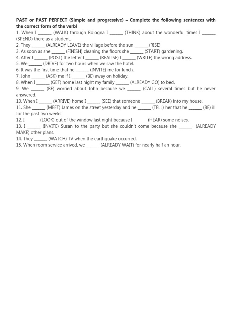 Past Perfect Tense Exercises | PDF