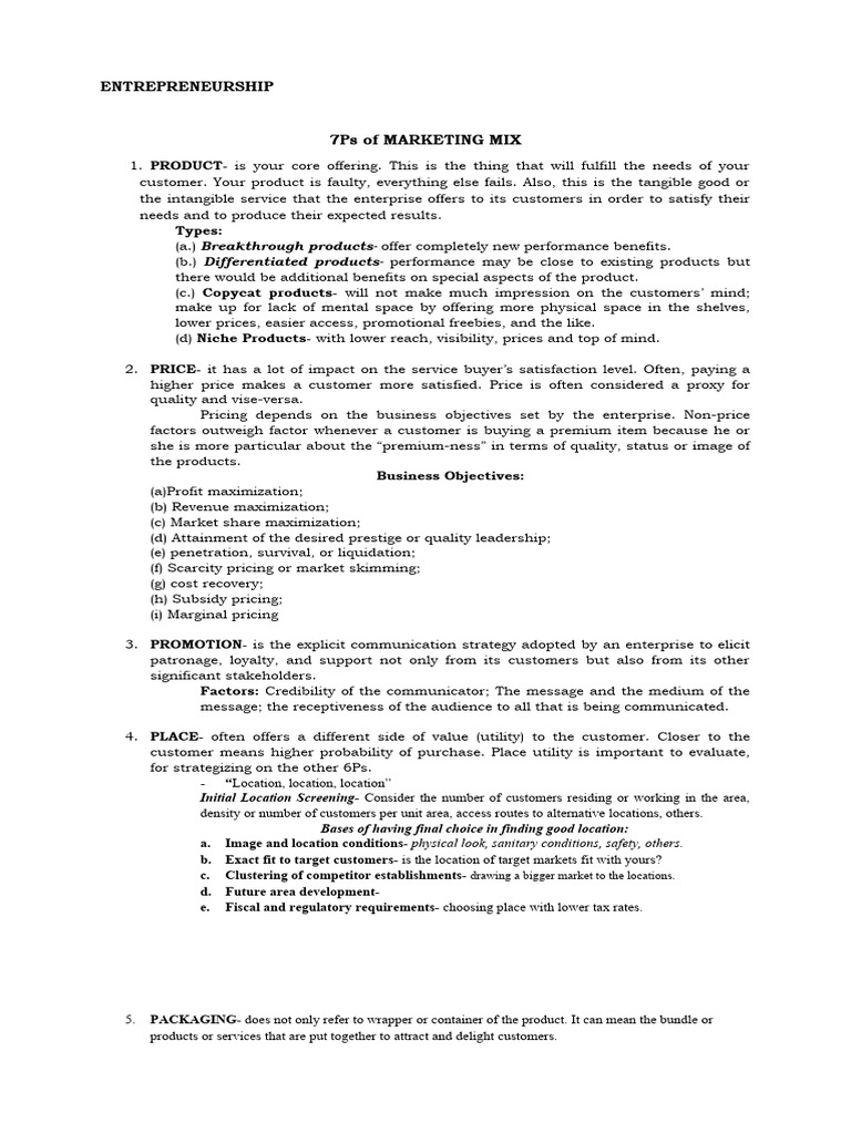 7Ps of Marketing in Entrepreneurship | PDF | Pricing | Product (Business)