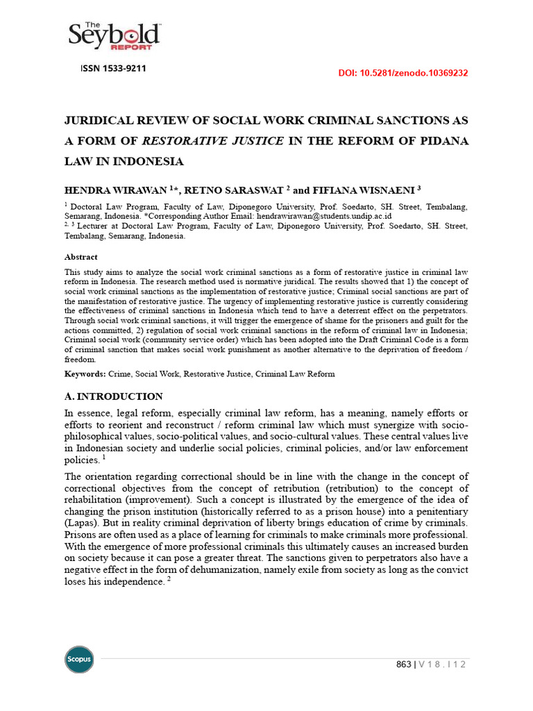 Juridical Review of Social Work Criminal Sanctions As A Form of ...