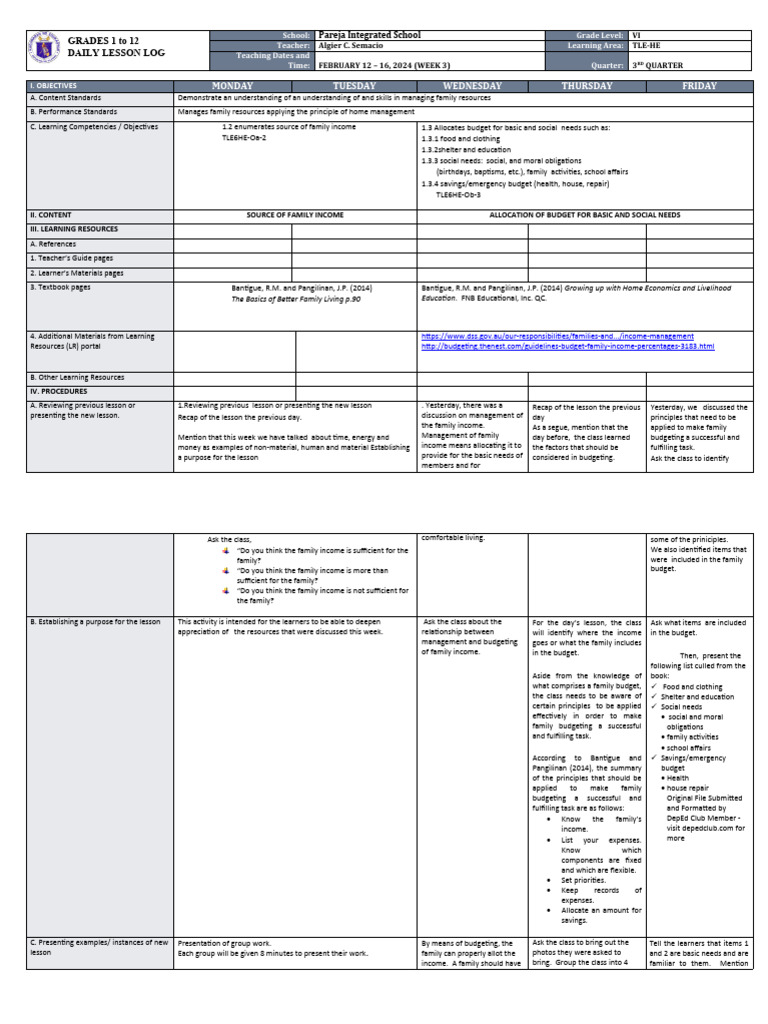 DLL Tle-He 6 q3 w3 | PDF | Learning | Budget
