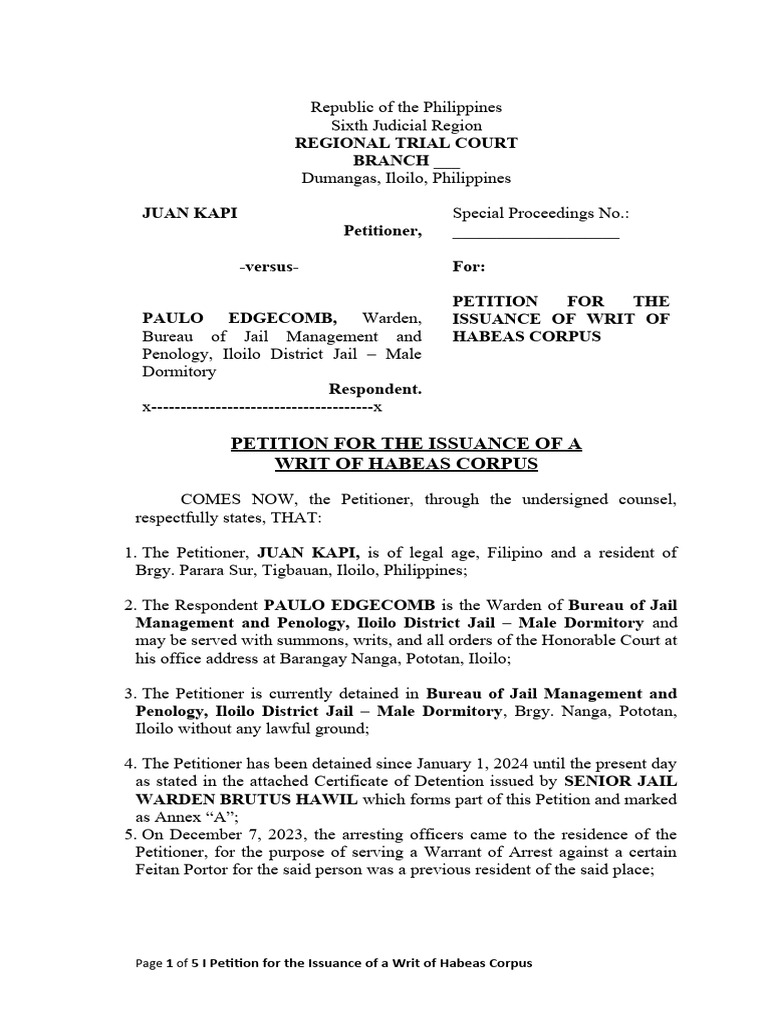 Petition For Writ of Habeas CorpusSAMPLE | PDF | Habeas Corpus ...