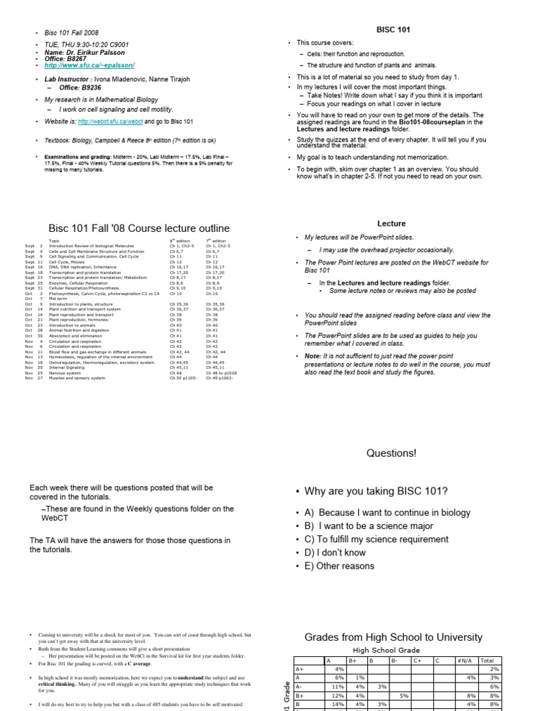 BISC 101 Fall 2008 Course Overview | PDF | Cell (Biology) | Cellular ...