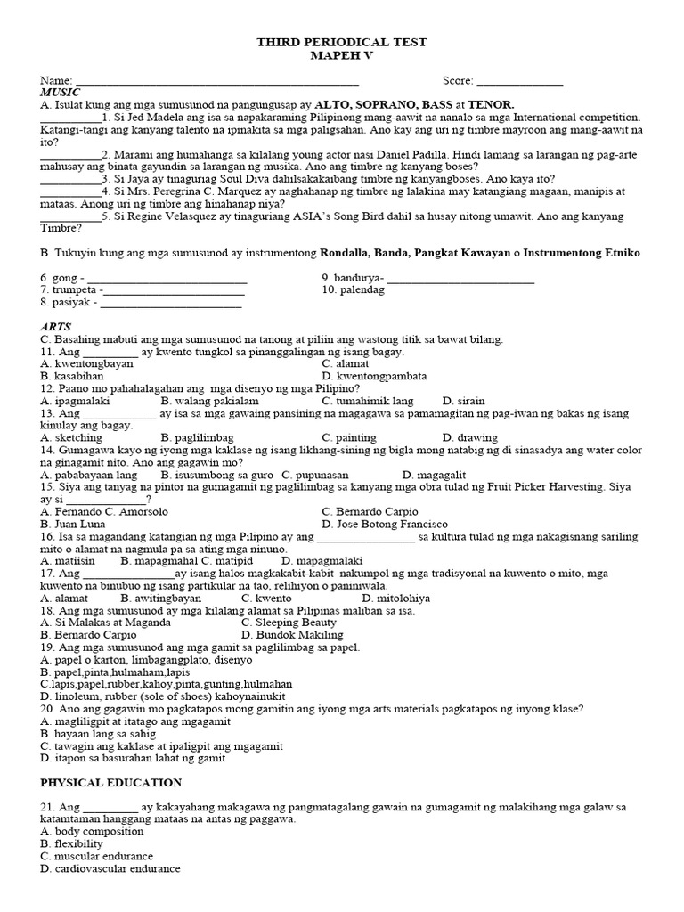 Mapeh 5 Third Periodical Exam Final | PDF