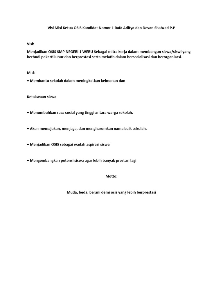 Visi Misi & Motto Ketua Osis Kandidat Nomor 1 | PDF | Karier ...