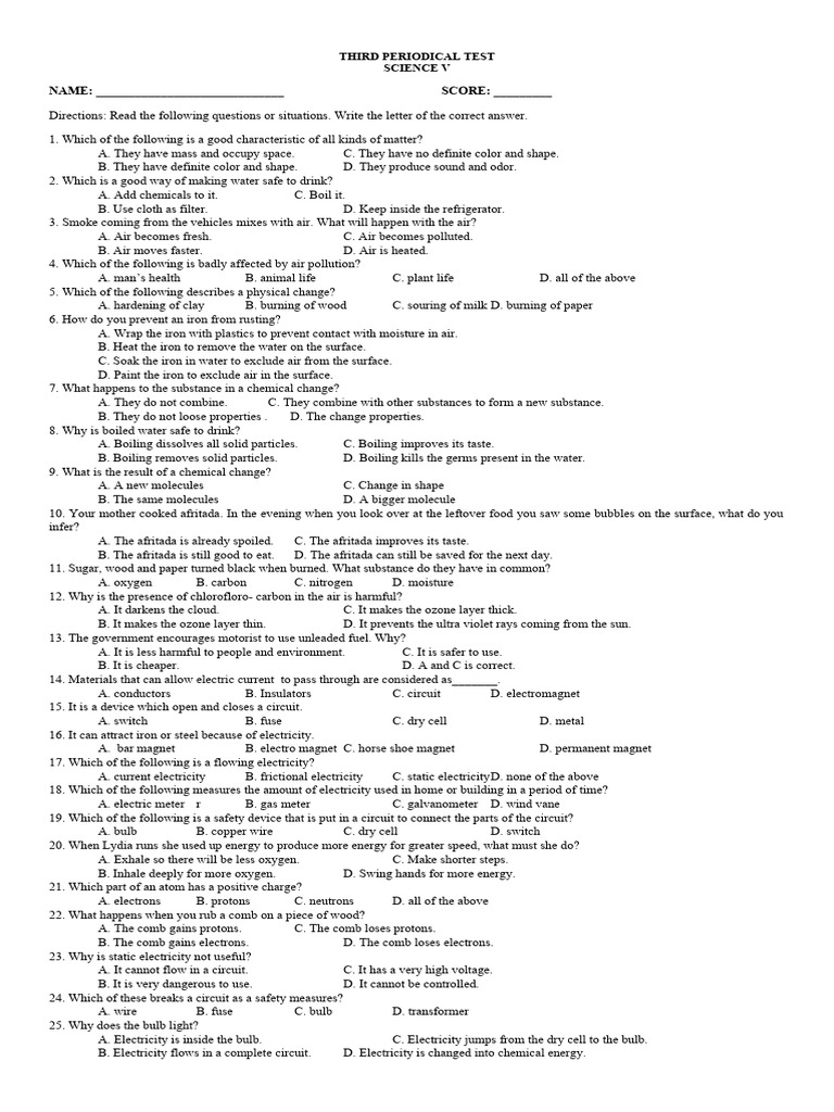 Science Periodical Test Questions | PDF | Electricity | Water