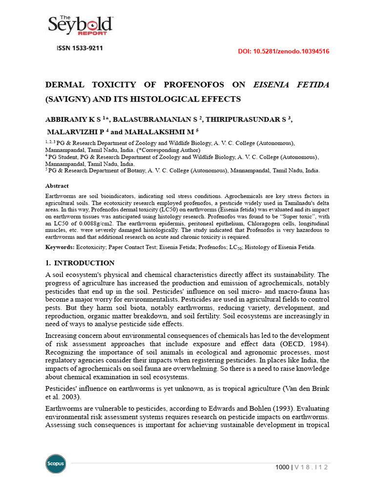 Dermal Toxicity of Profenofos On Eisenia Fetida (Savigny) and Its ...