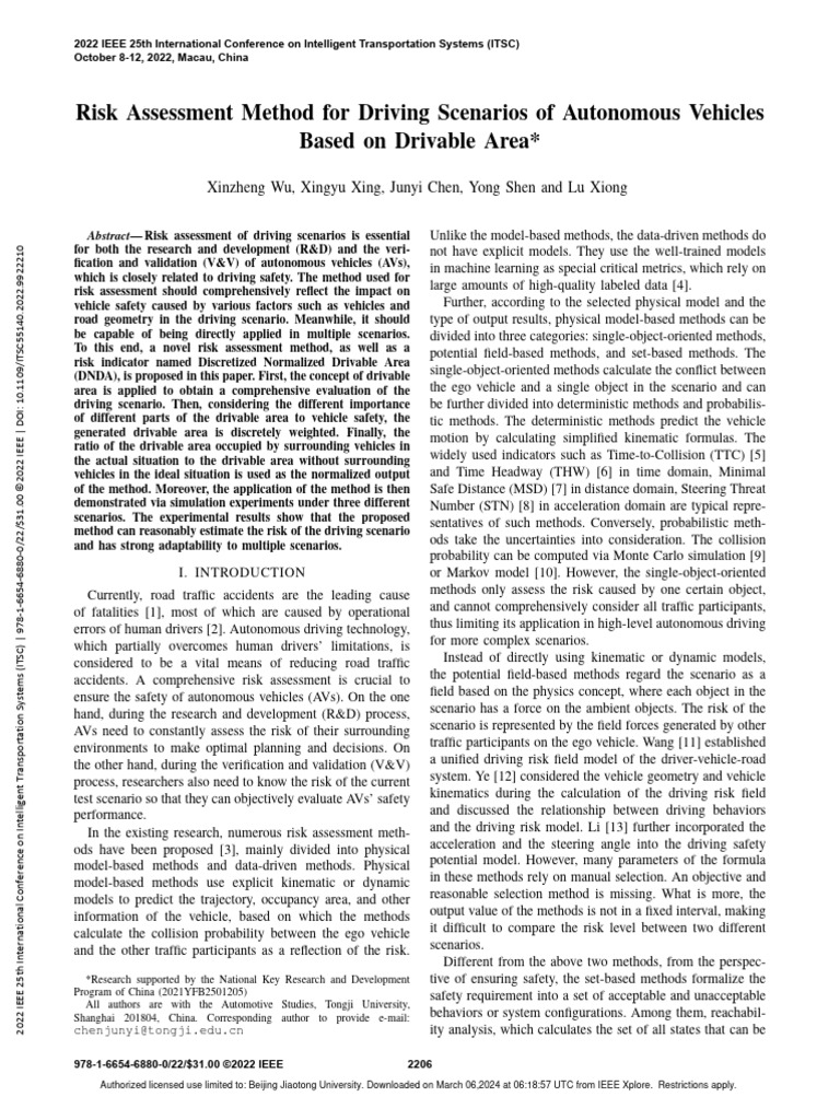 Risk Assessment Method For Driving Scenarios of Autonomous Vehicles Based On Drivable Area | PDF ...