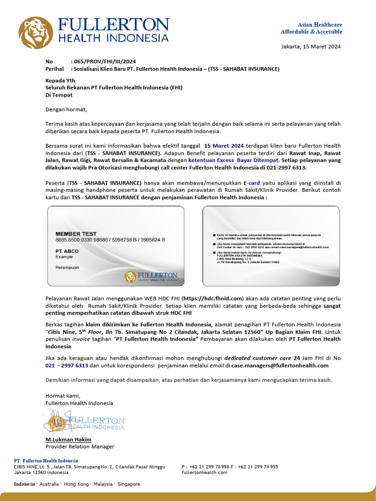 065 Sosialisasi Klien Baru PT. Fullerton Health Indonesia – (TSS - SAHABAT INSURANCE) | PDF