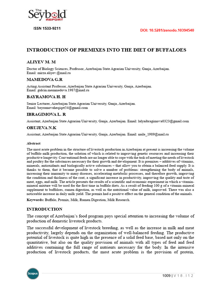Introduction of Premixes Into The Diet of Buffaloes | PDF | Milk | Nutrients