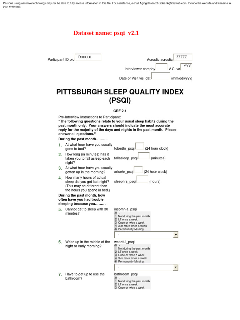 F057 Pittsburgh Sleep Quality Index (PSQI) v2.1 | PDF | Sleep ...