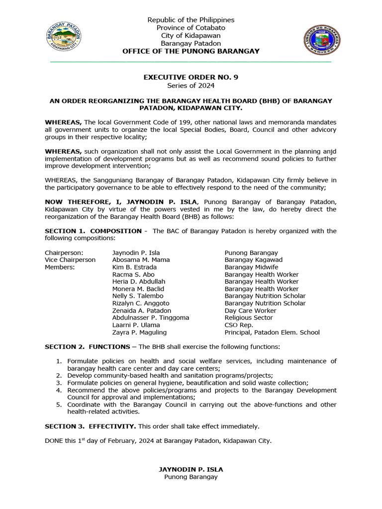 EO No. 9 BHB | PDF | Public Services