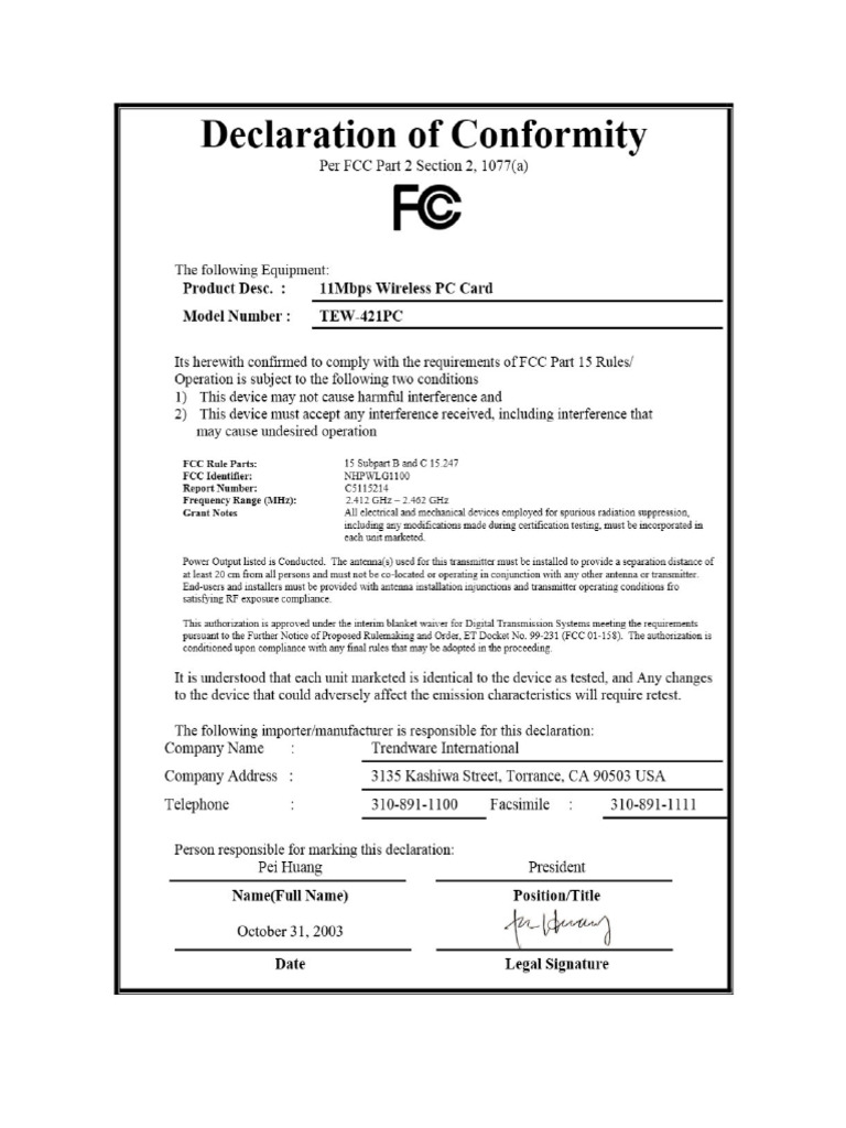 Declaration of Conformity Per FCC Part 2 Section 2, 1077(a) PC Card ...