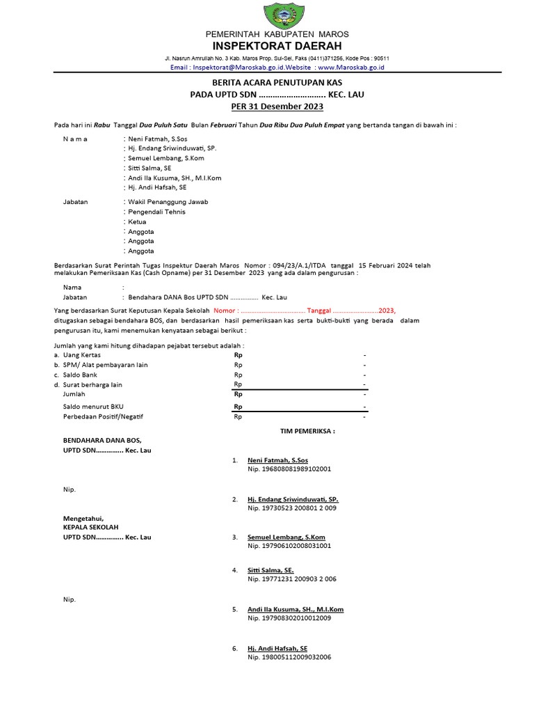 Form BAP Kas Sekolah | PDF