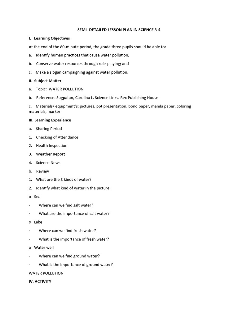 Water Pollution Lesson Plan for Grade 3 | PDF | Water | Water Pollution