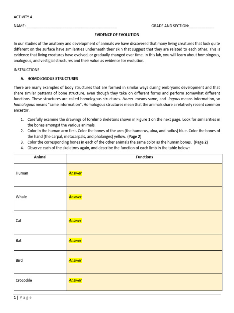 Evidence of Evolution Lab Guide | PDF | Homology (Biology) | Zoology