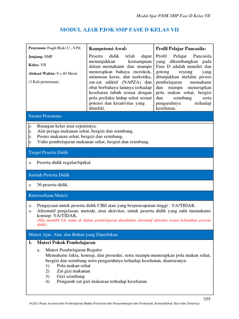 Modul Ajar PJOK VII Pola Makan Bergizi Dan Seimbang | PDF