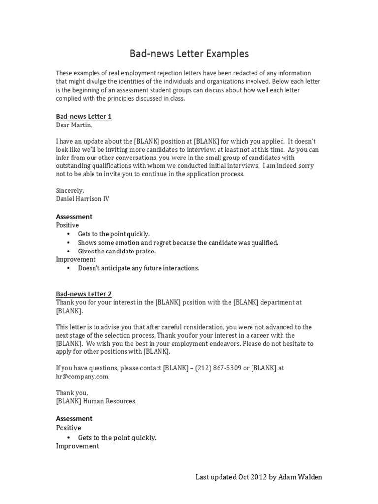 Bad-News Letter Examples | PDF | Social Psychology