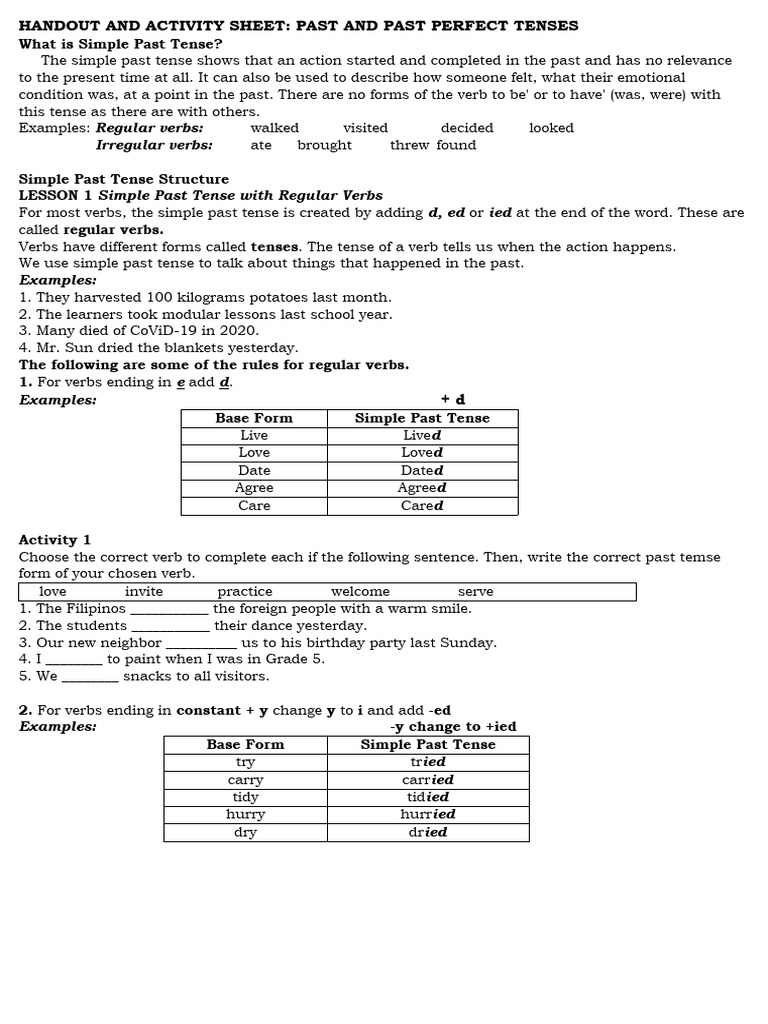 HANDOUT AND ACTIVITY SHEET Past | PDF | Grammatical Tense | Verb