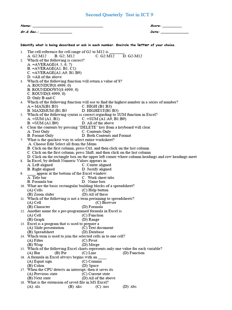 ICT 9 Quarterly Exam: Excel Basics | PDF | Microsoft Excel | Spreadsheet