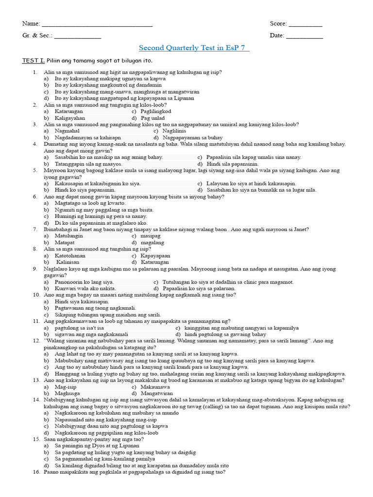 EsP 7 2ndQ eXAM | PDF