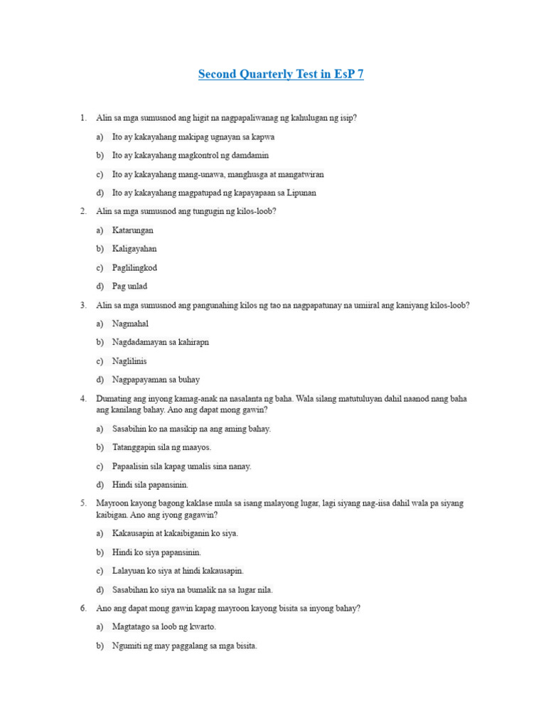 Second Quarterly Test in EsP 7 | PDF