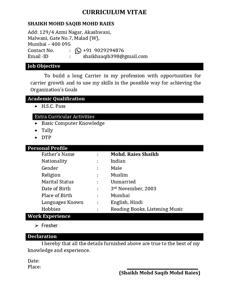 Shaikh Mohd Saqib CV - Fresher Profile | PDF